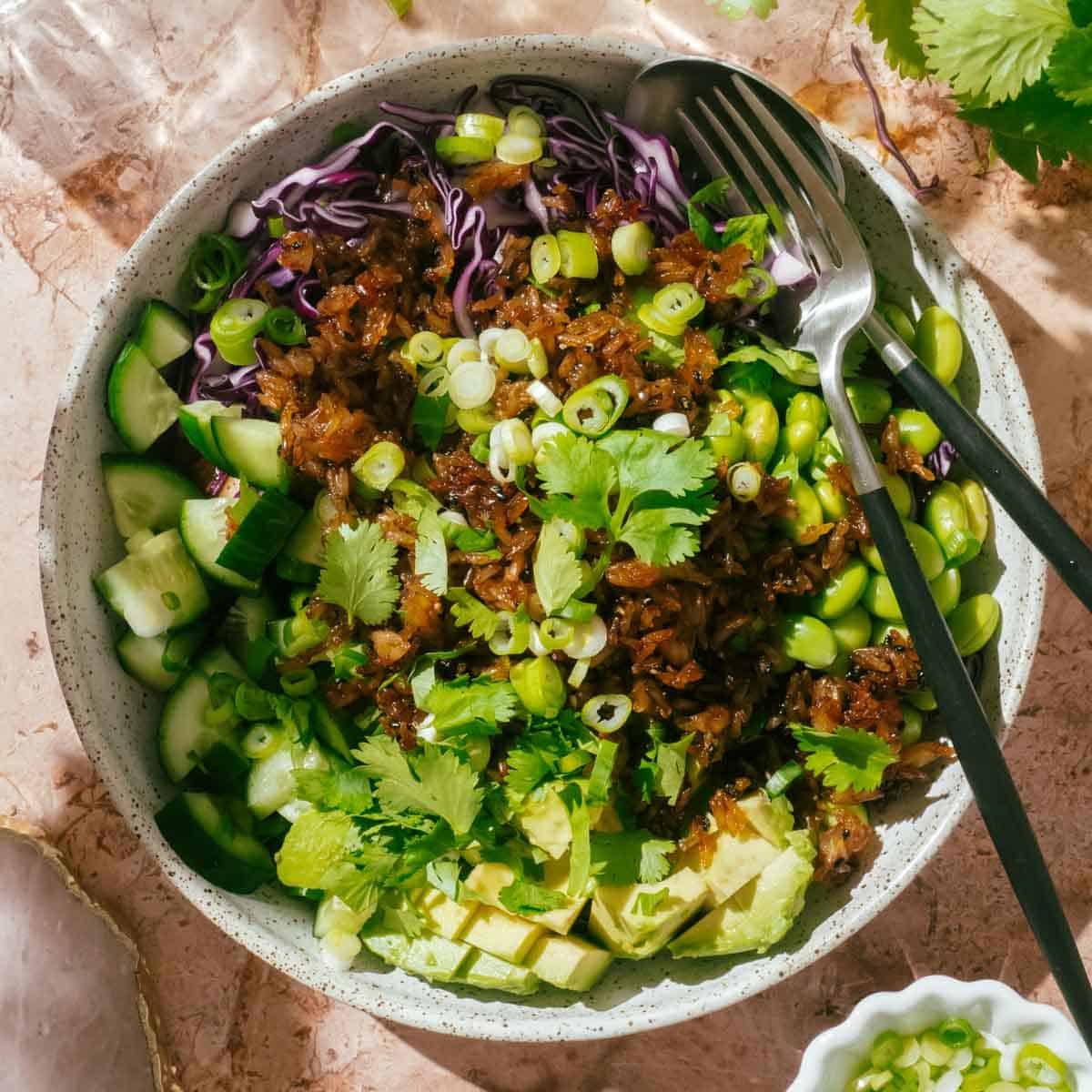 Crispy Rice Salad Bowl with Avocado, Cucumber, and Edamame - Yoko's kitchen